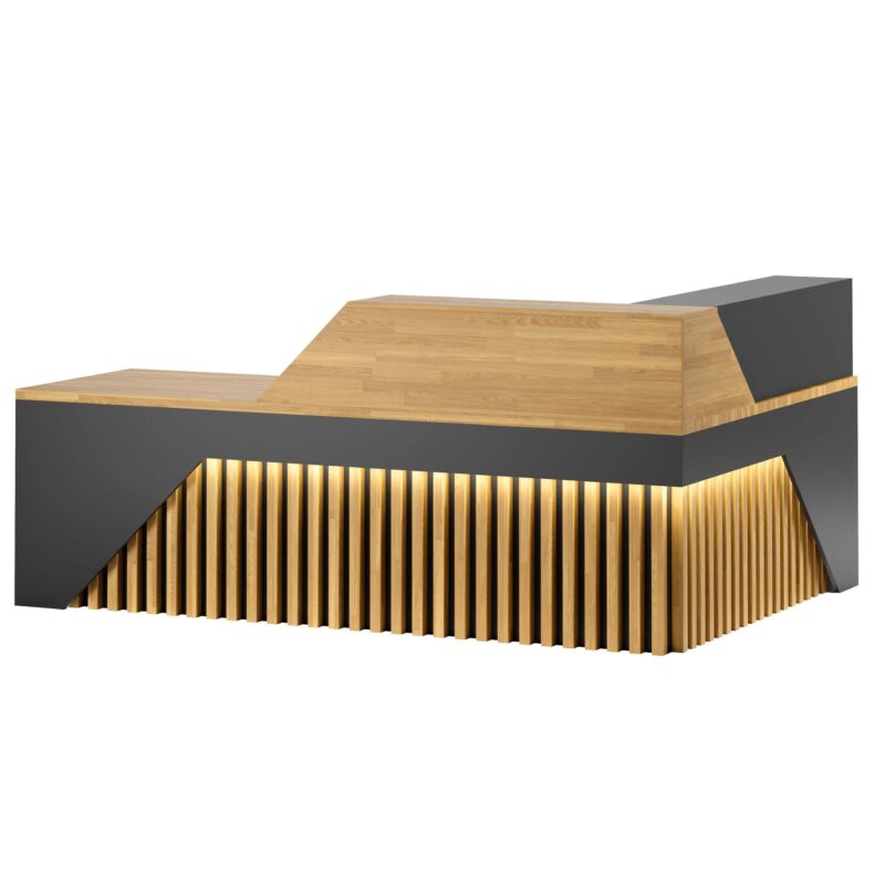 Mała lada recepcyjna z lamelami. Nowoczesna recepcja loft